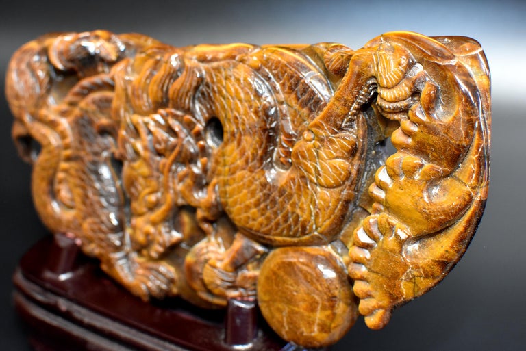 Tiger's Eye Dragon Statue, Hand Carved Gemstone Sculpture For Sale at ...