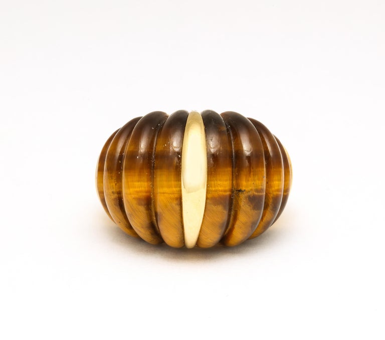 Tiger's Eye Melon Shaped Ring with Center Gold Bar For Sale at 1stDibs