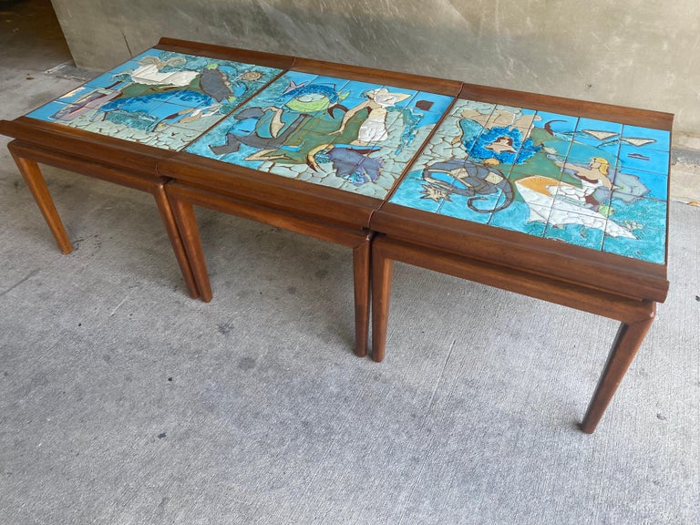 Tile Top Three Piece Cocktail Table, with Denmark, 1950's at 1stDibs