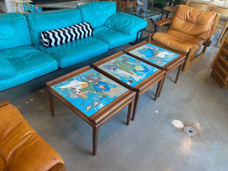 Tile Top Three Piece Cocktail Table, with Denmark, 1950's at 1stDibs