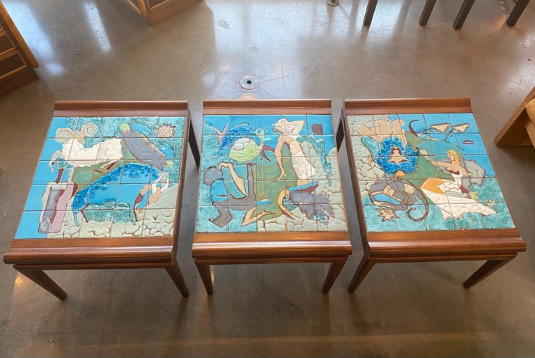 Tile Top Three Piece Cocktail Table, with Denmark, 1950's at 1stDibs