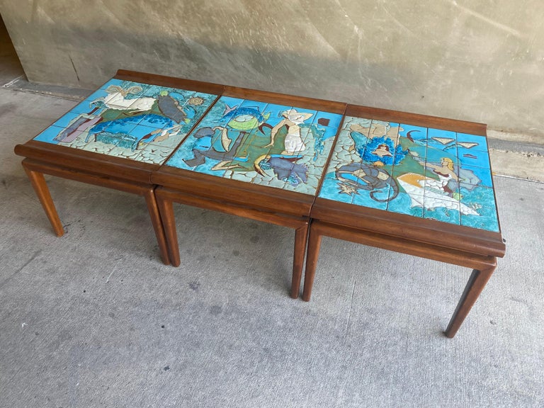 Tile Top Three Piece Cocktail Table, with Denmark, 1950's at 1stDibs