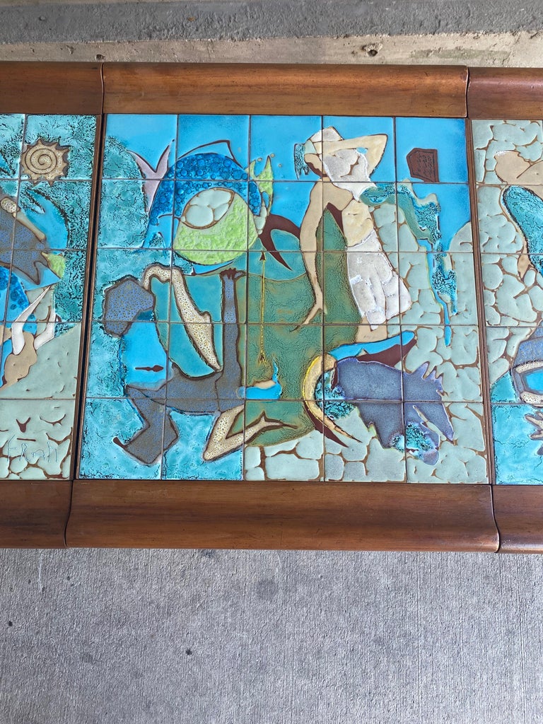 Tile Top Three Piece Cocktail Table, with Denmark, 1950's at 1stDibs