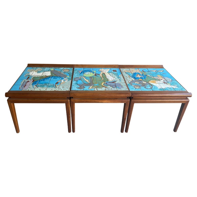 Tile Top Three Piece Cocktail Table, with Denmark, 1950's at 1stDibs