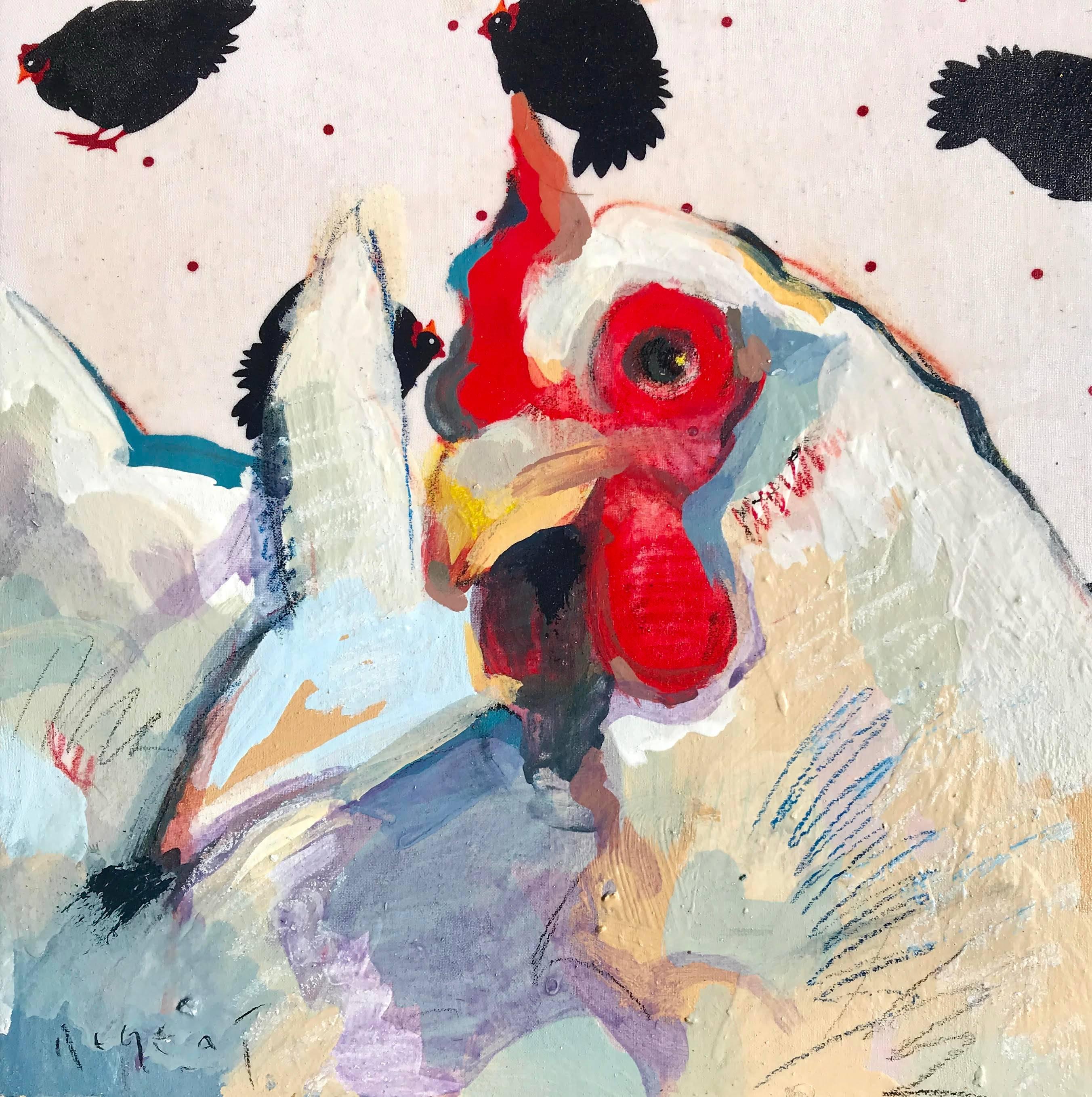 Tim Jaeger - "LP #14" Painting of Chicken on fabric printed with Chicks ...