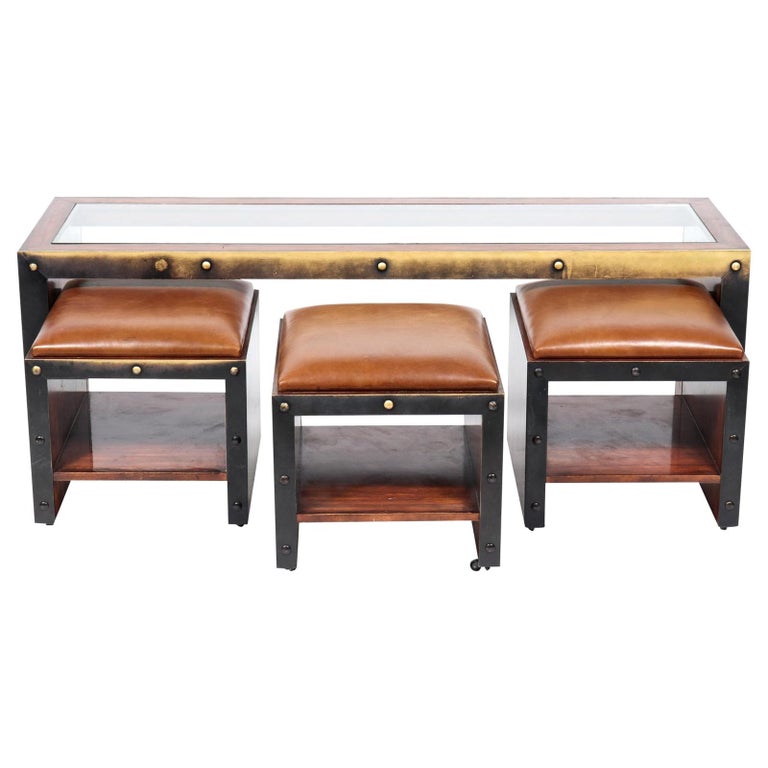 Timothy Oulton Modern Industrial Table and Ottoman Stools Set at 1stDibs
