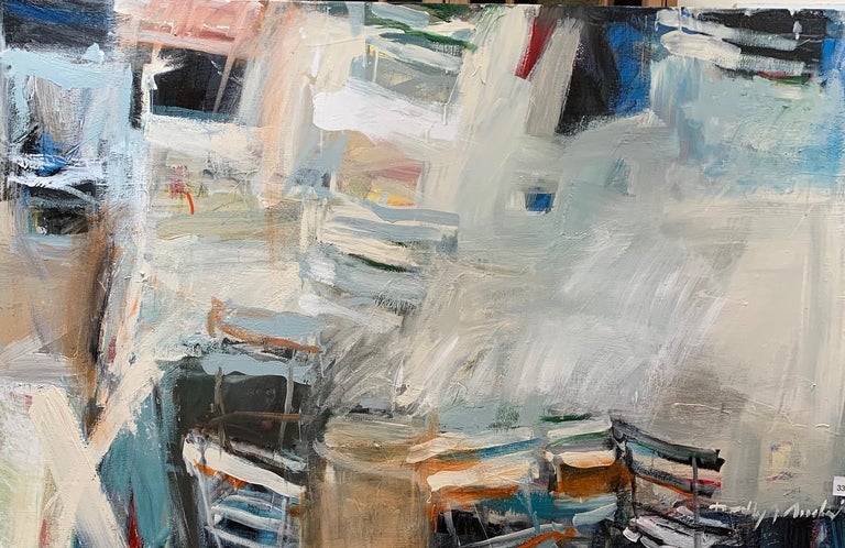 Timothy Sanchez - Abstract with French Garden Chairs - white with blue ...