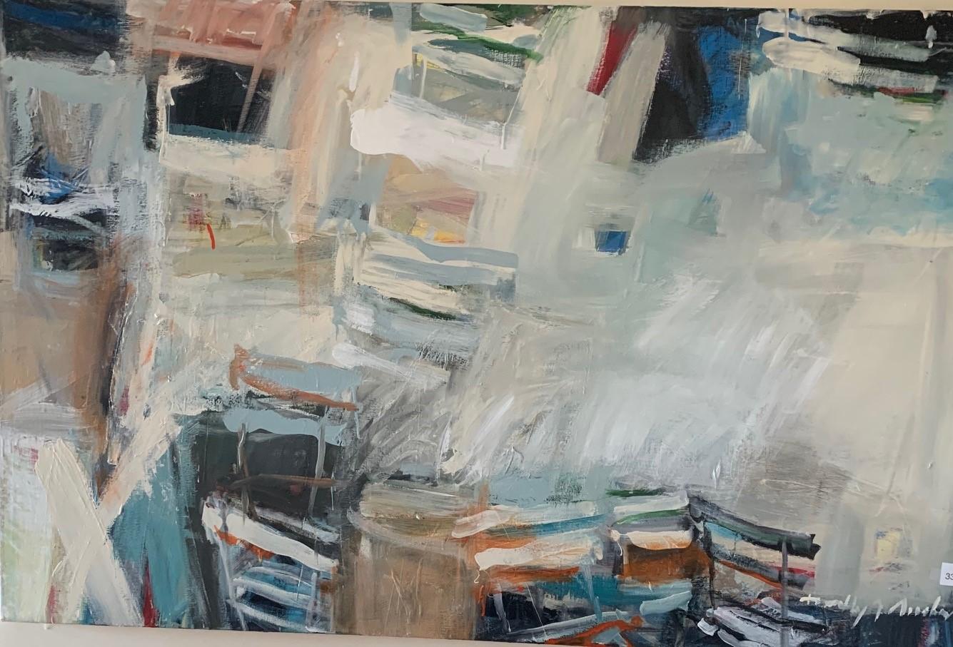 Timothy Sanchez - Abstract with French Garden Chairs - white with blue ...