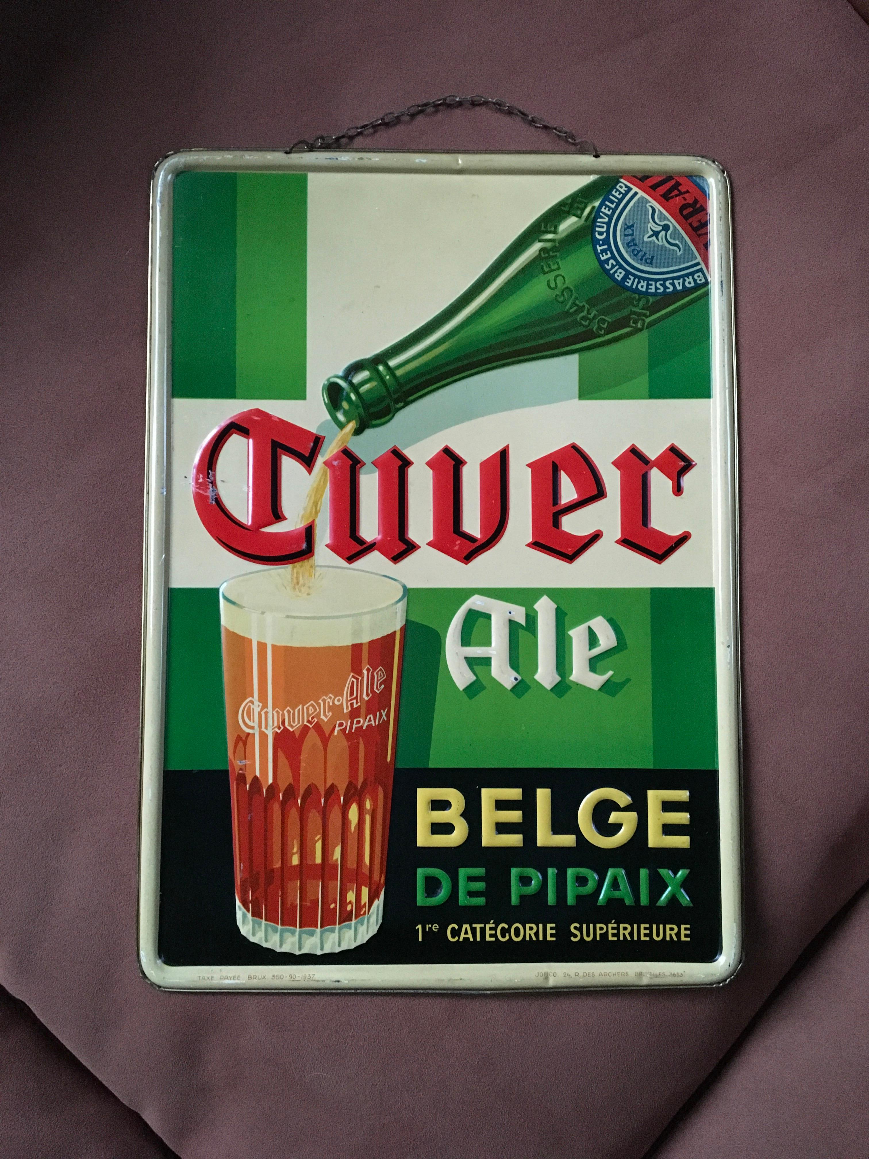 Tin Sign Belgian Beer Cuver Ale, 1937 For Sale at 1stDibs