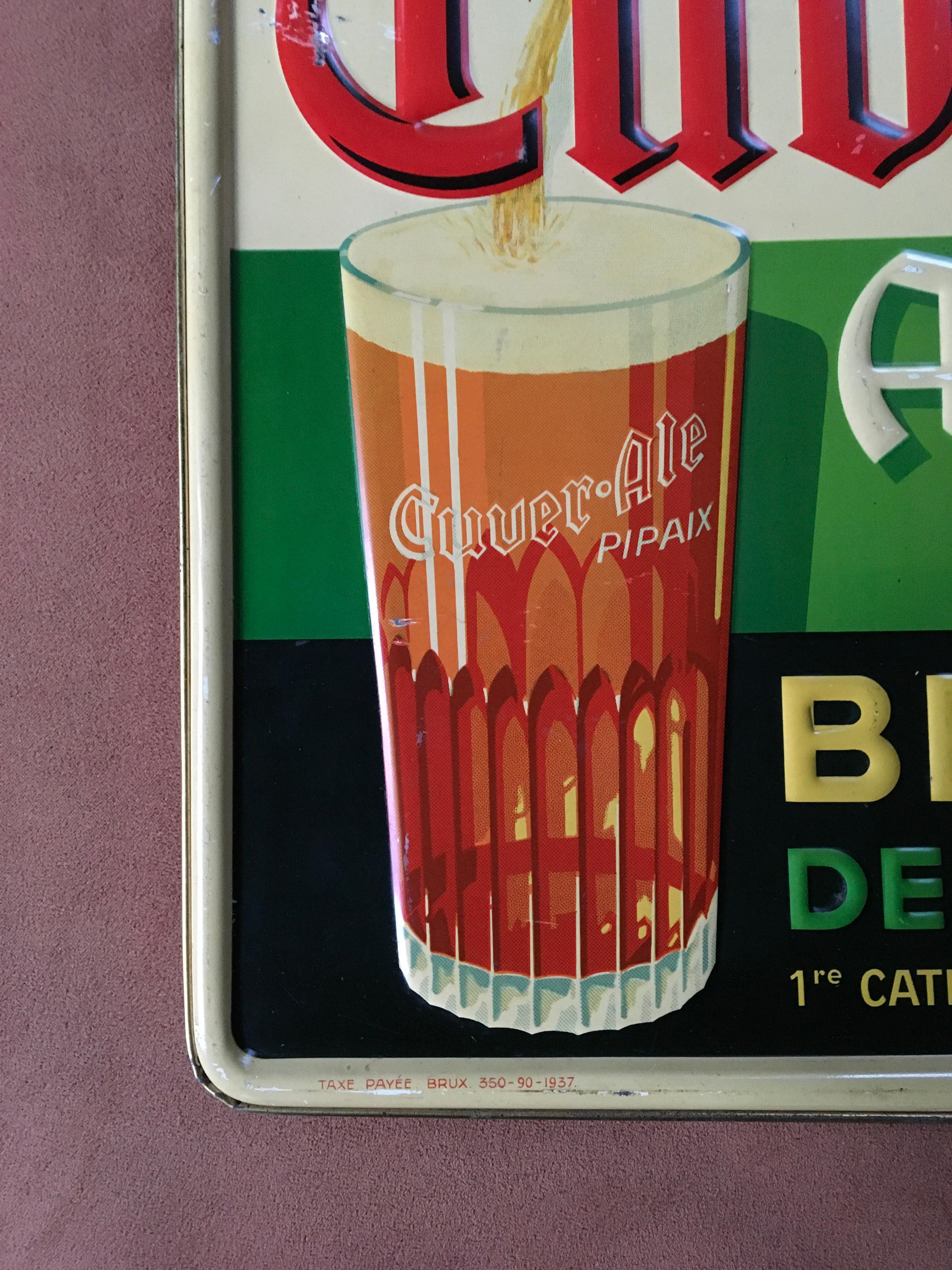 Tin Sign Belgian Beer Cuver Ale, 1937 For Sale at 1stDibs