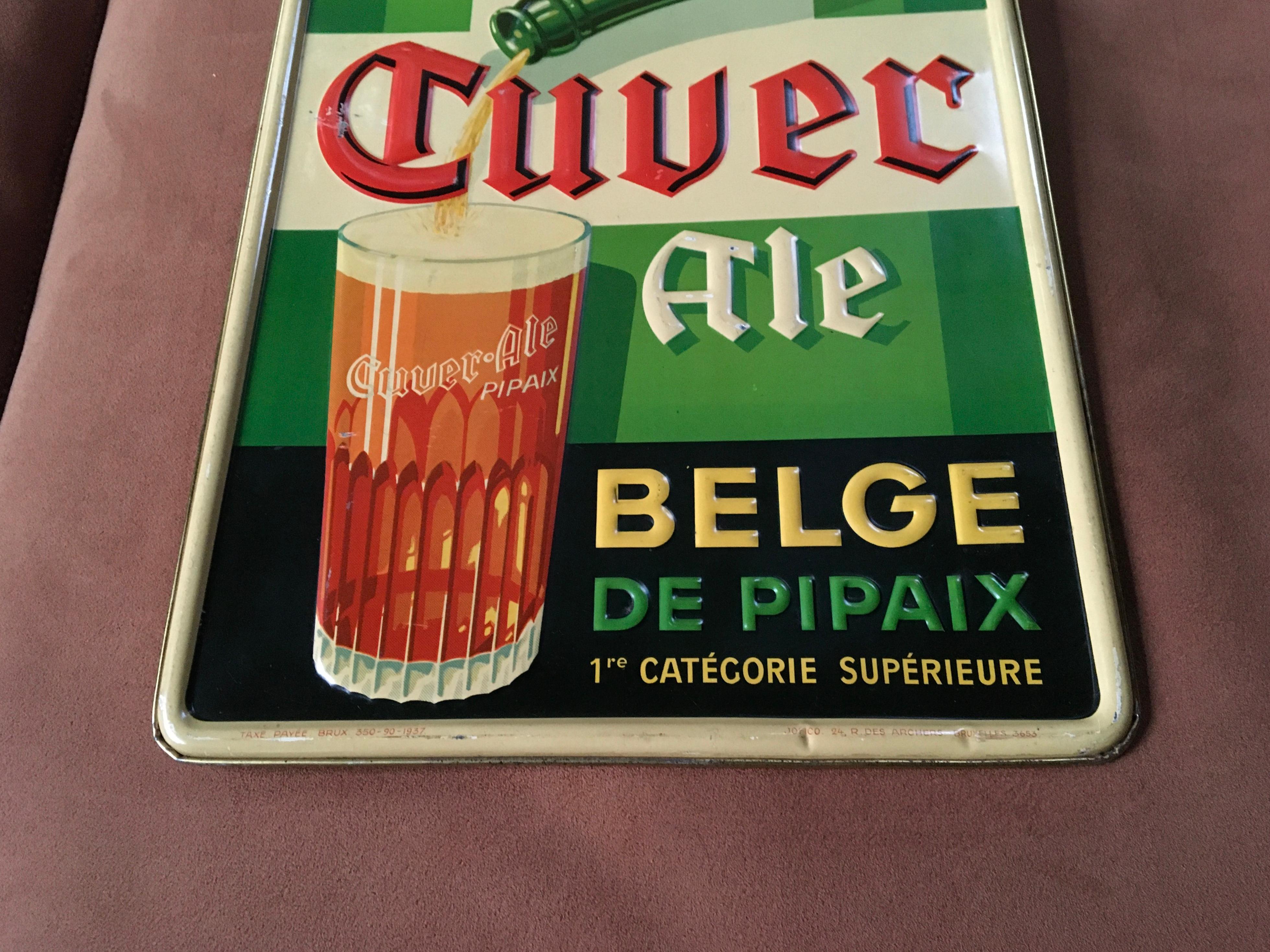 Tin Sign Belgian Beer Cuver Ale, 1937 For Sale at 1stDibs