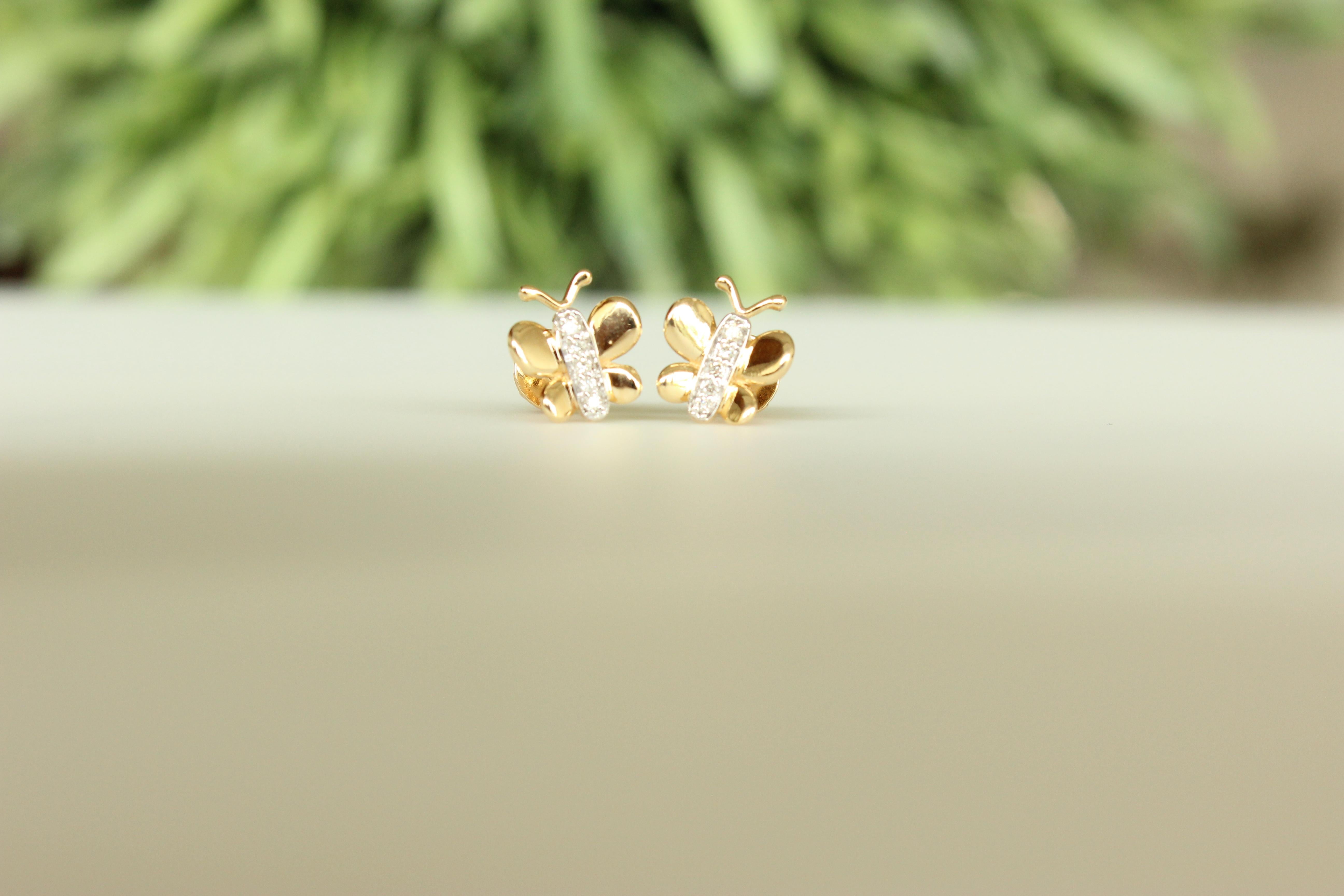 Tiny Butterfly Diamond Earrings for Girls (Kids/Toddlers) in 18K Solid ...