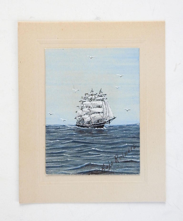 Tiny Vintage Sailing Clipper Ship Watercolor Painting For Sale at 1stDibs