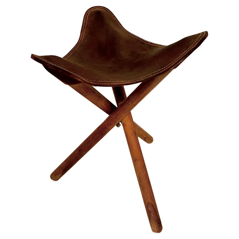 Tipod Leg Wooden Stool with Leather Seat For Sale at 1stDibs