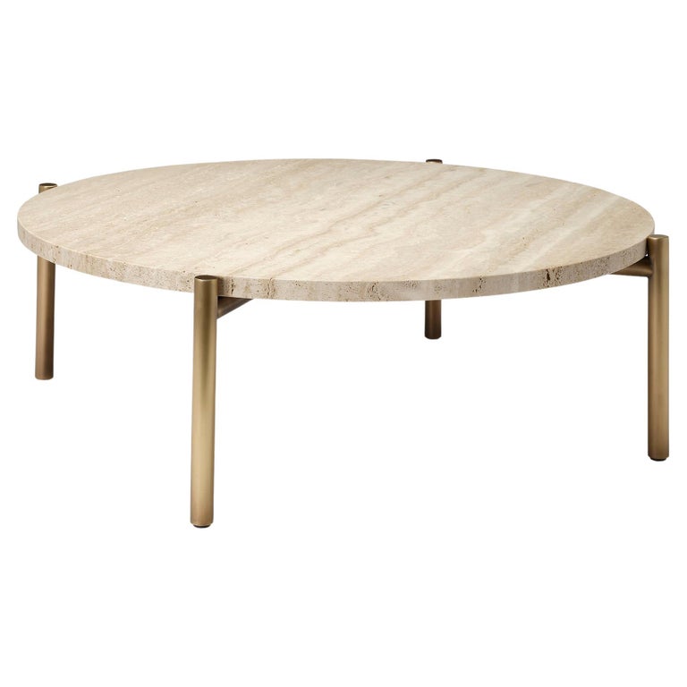 Tivoli Coffee Table 4 Legs Round Travertine Top Burnished Brass Base ...