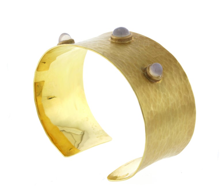 Toby Pomeroy Hammered Gold Cuff Bangle Bracelet with Moonstones at 1stDibs