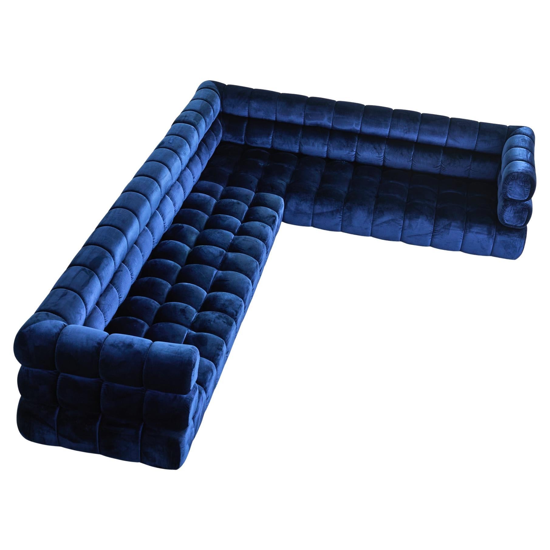 Todd Merrill Custom Blue Velvet Sectional Sofa and Ottoman For Sale at ...