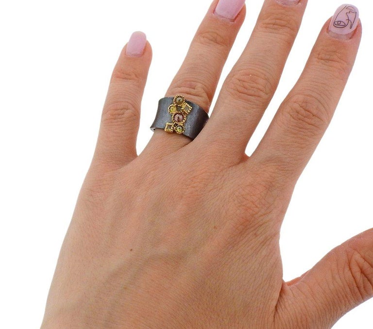 Todd Reed Gold Oxidized Silver Fancy Diamond Wide Band Ring at 1stDibs