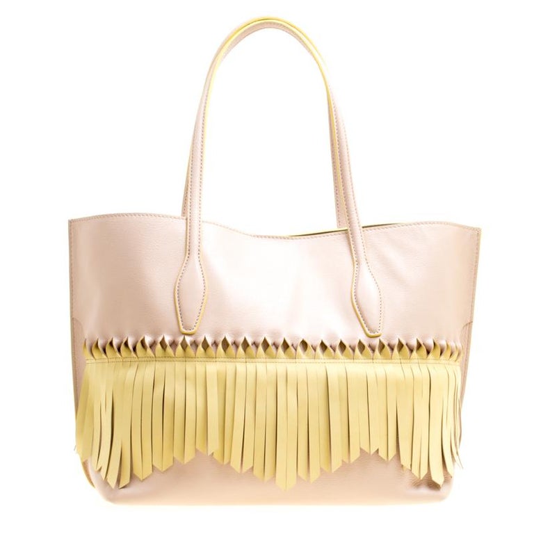 Tod's Beige/Yellow Leather Origami Fringe Shopping Tote For Sale at 1stDibs