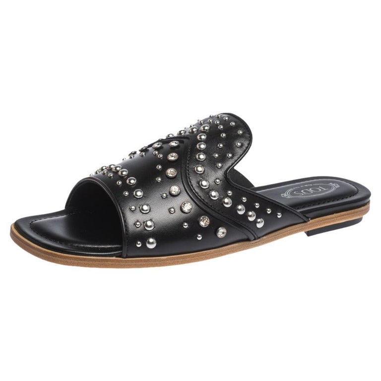 Tod's Black Studded Leather Open Toe Flat Slides Size 37.5 For Sale at ...