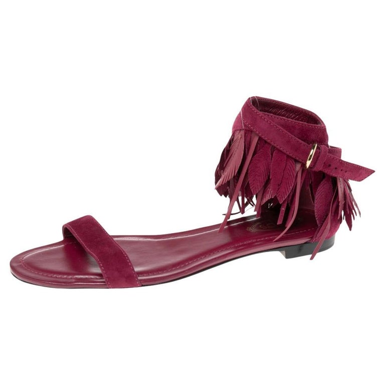 Tod's Deep Magenta Suede Leaves Fringe Ankle-Strap Flat Sandals Size 38 ...