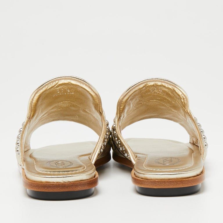 Tod's Gold Leather Studded Flat Slides Size 37.5 For Sale at 1stDibs
