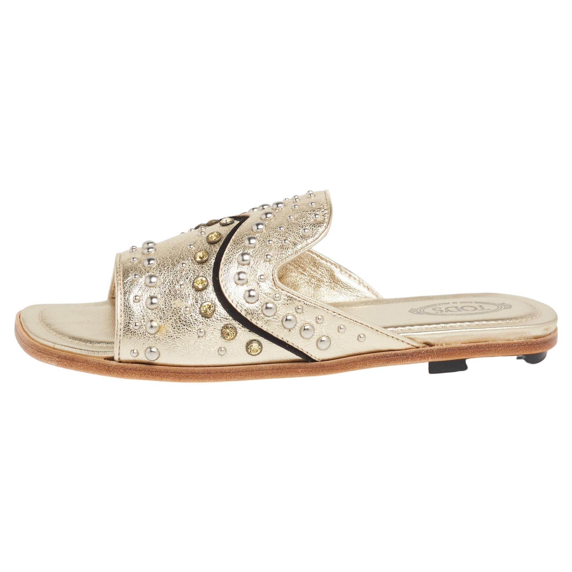 Tod's Gold Leather Studded Flat Slides Size 37.5 For Sale at 1stDibs