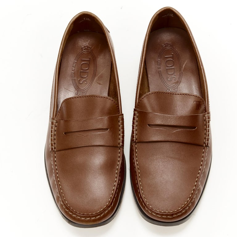 TOD'S Gommino brown leather stacked wooden dot sole loafer UK7.5 EU41.5 For Sale at 1stDibs