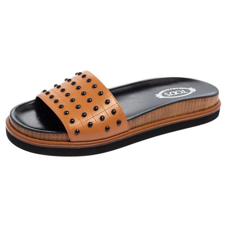 Tod's Tan Leather Studded Flat Slides Size 38 at 1stDibs