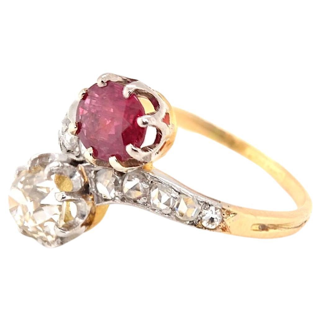 Toi et moi diamonds and ruby ring in 18k gold and platinum For Sale at ...