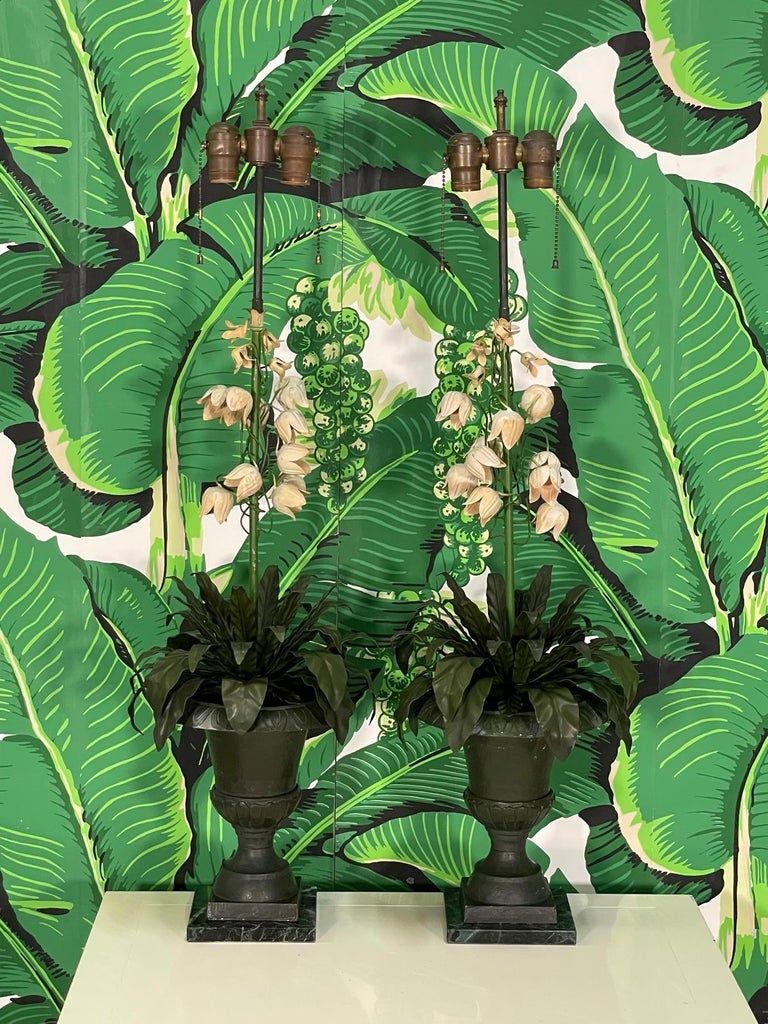 Tole Botanical Floral Urn Table Lamps, A Pair at 1stDibs