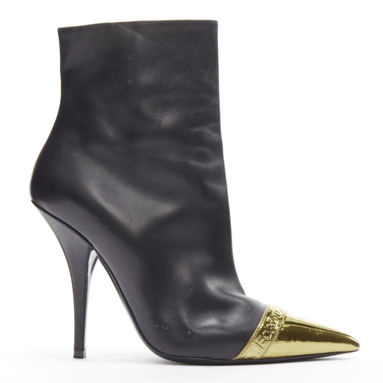 TOM FORD black leather gold toe cap logo stiletto heel ankle boots EU39 ...