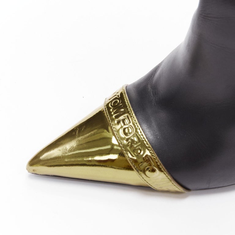 TOM FORD black leather gold toe cap logo stiletto heel ankle boots EU39 ...