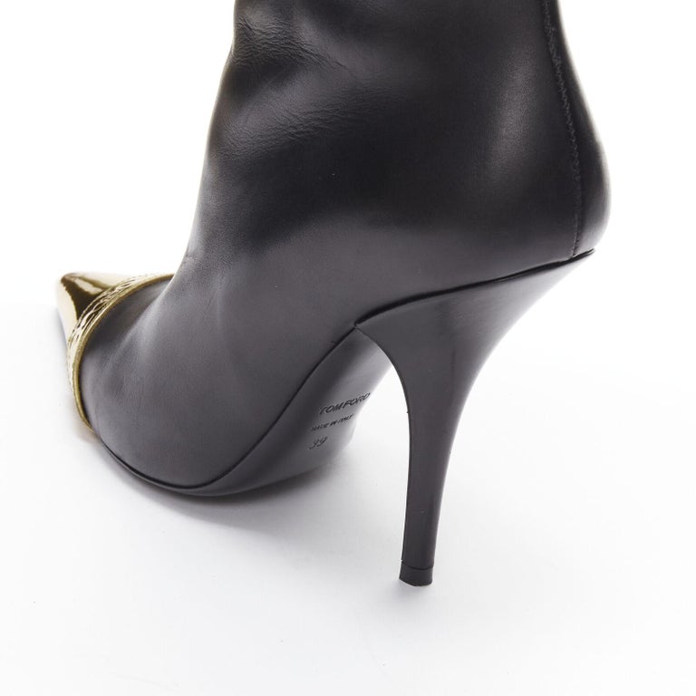 TOM FORD black leather gold toe cap logo stiletto heel ankle boots EU39 ...