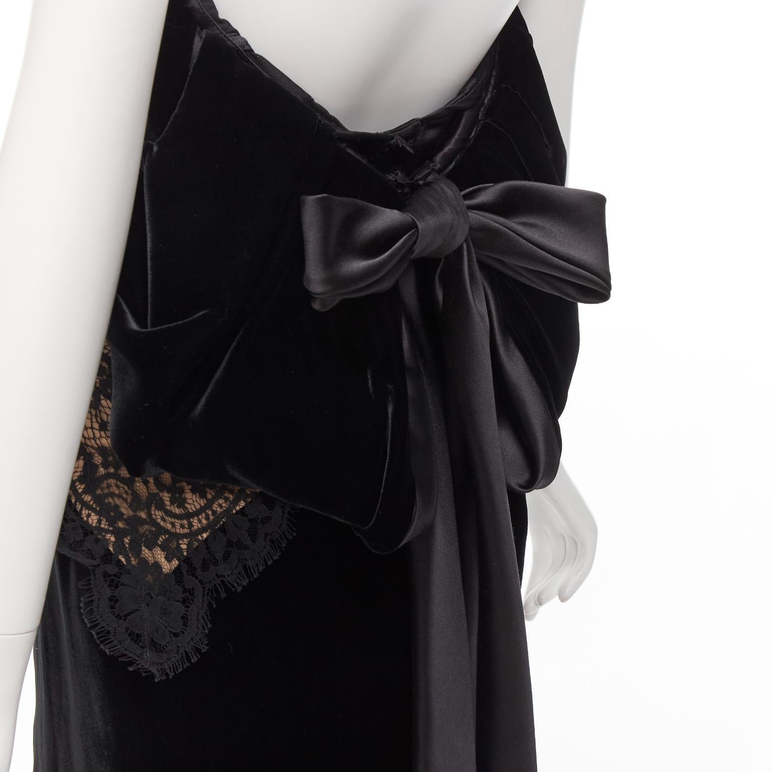 TOM FORD black satin velvet bow bustle illusion lace trim long column ...