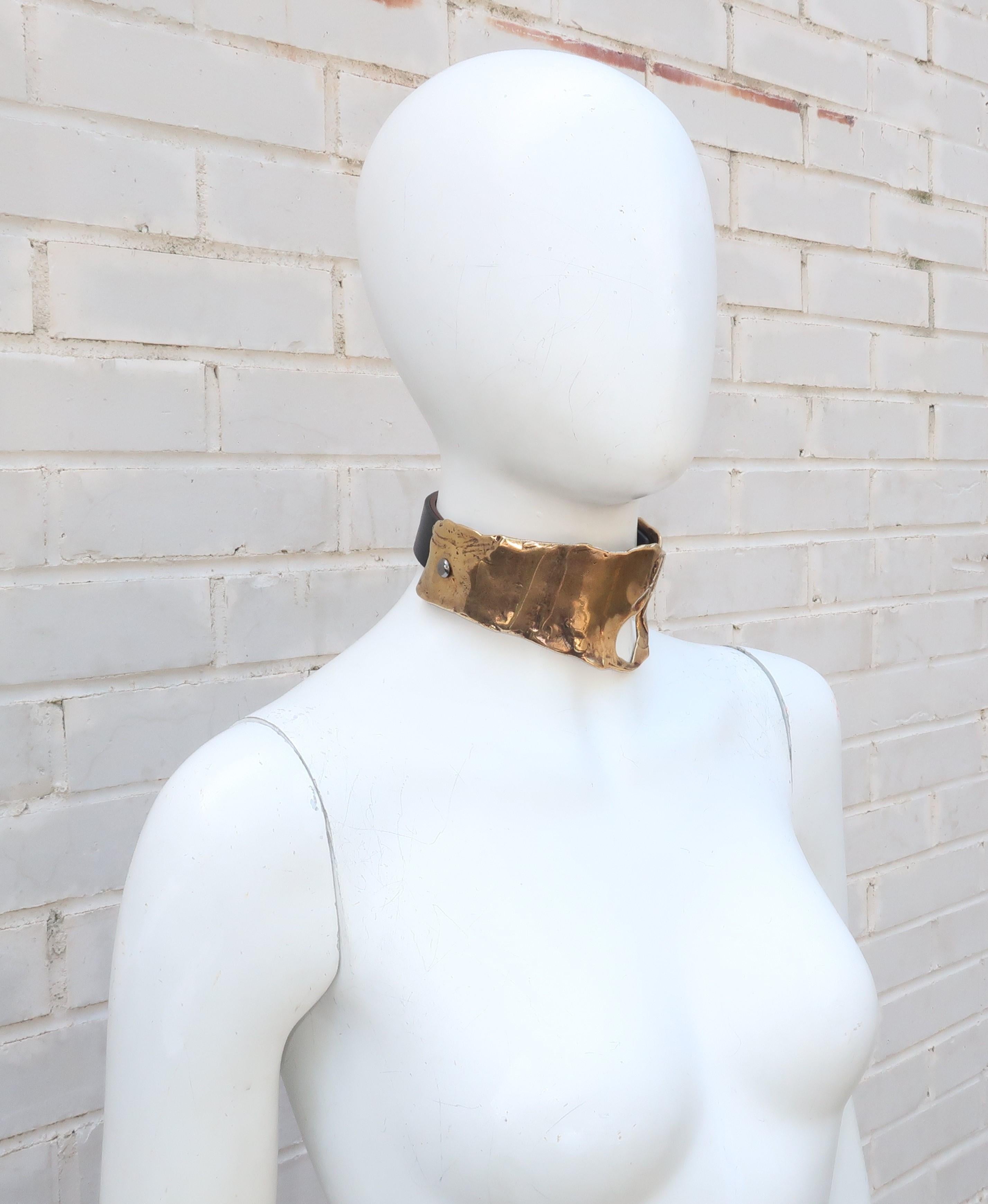 Tom Ford Brutalist Melted Brass and Leather Choker Necklace at 1stDibs