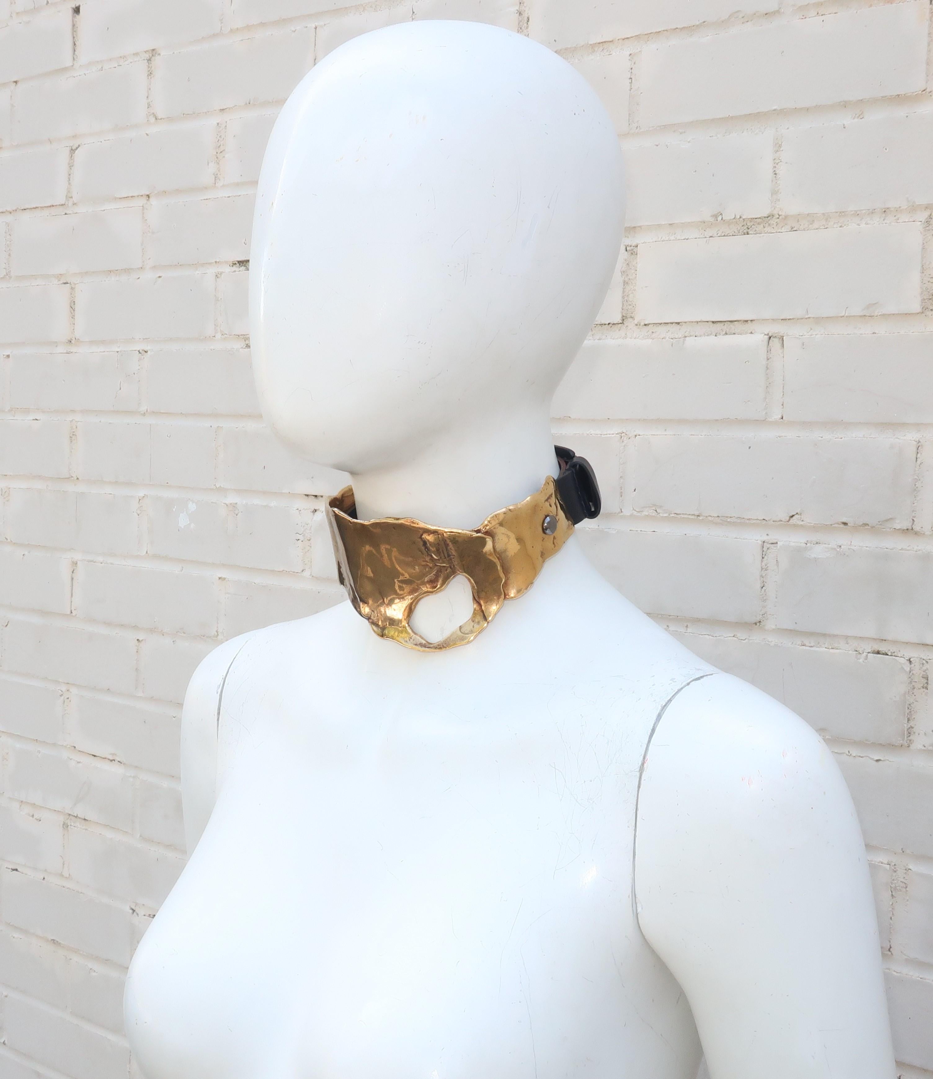 Tom Ford Brutalist Melted Brass and Leather Choker Necklace at 1stDibs