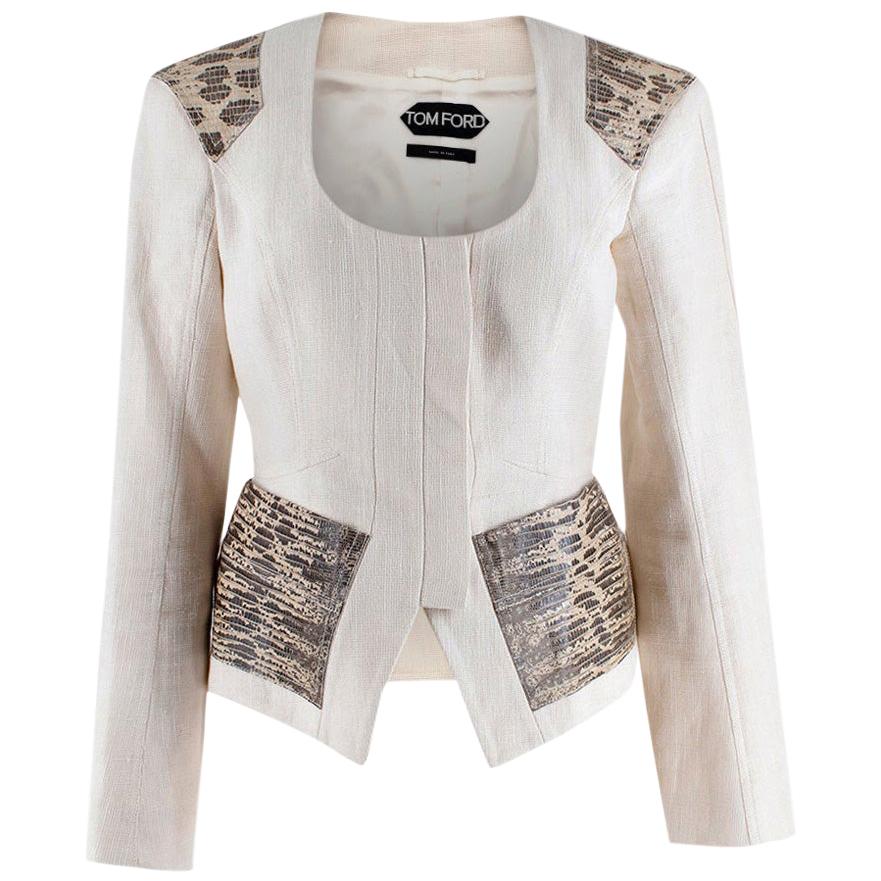 Tom Ford Cream Linen Jacket with Lizard Embossed Patches - Size US 4 ...