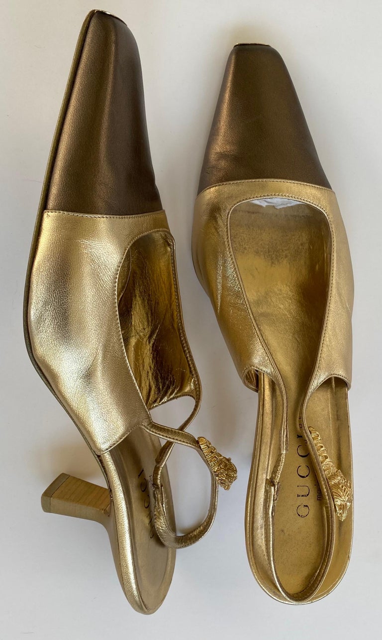Tom Ford For Gucci 2000 Gold Leather SlingBacks With Tiger Head For ...