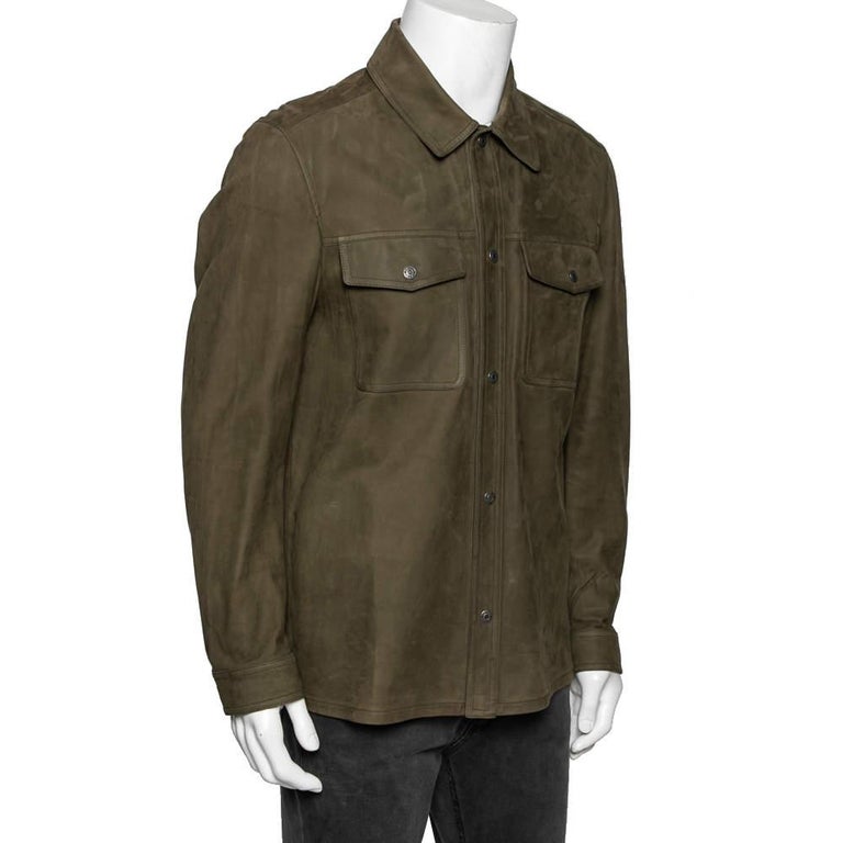 Tom Ford Olive Green Leather Button Front Jacket XL For Sale at 1stDibs