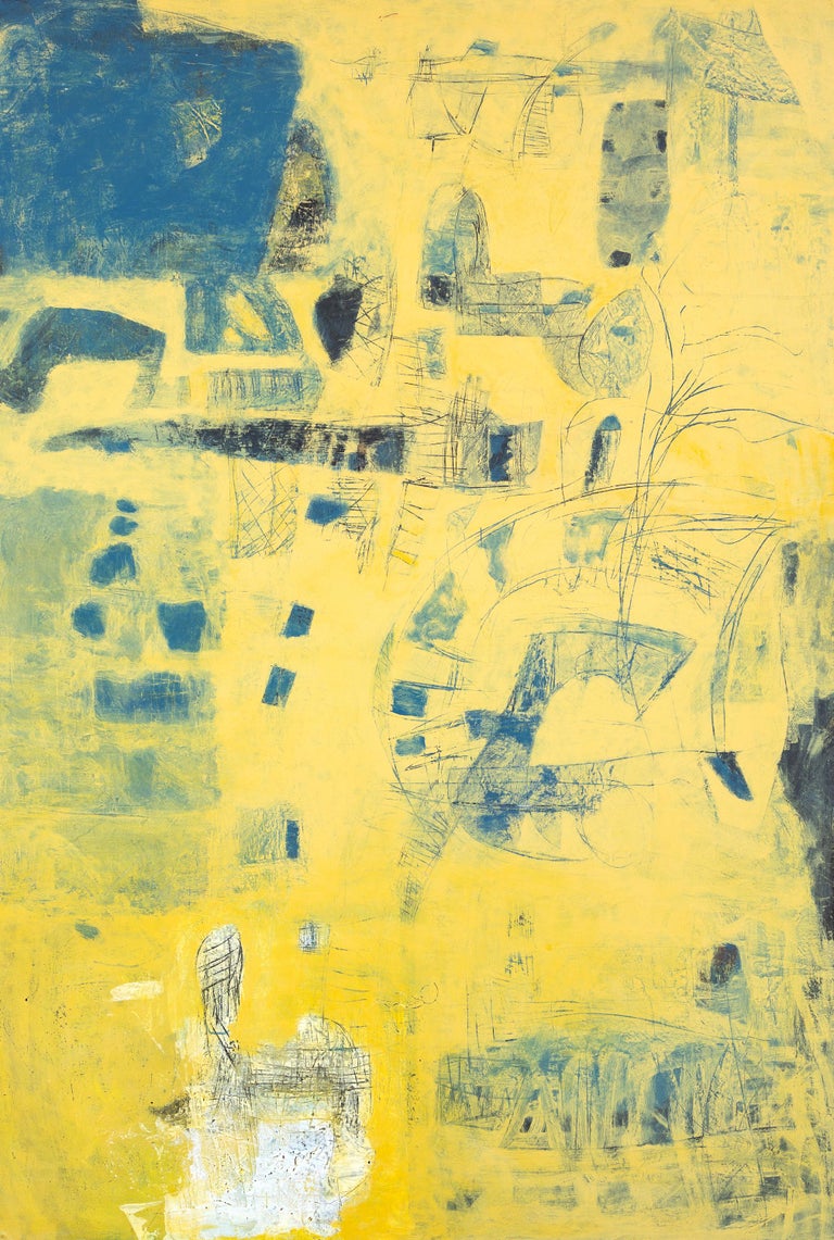 Tom Reno - Yellow Abstract with Emerging Blue Gestures For Sale at 1stDibs