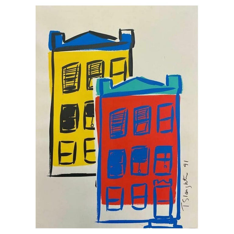 Tom Slaughter Modern Cityscape Original Acrylic Painting on Paper 1991 ...