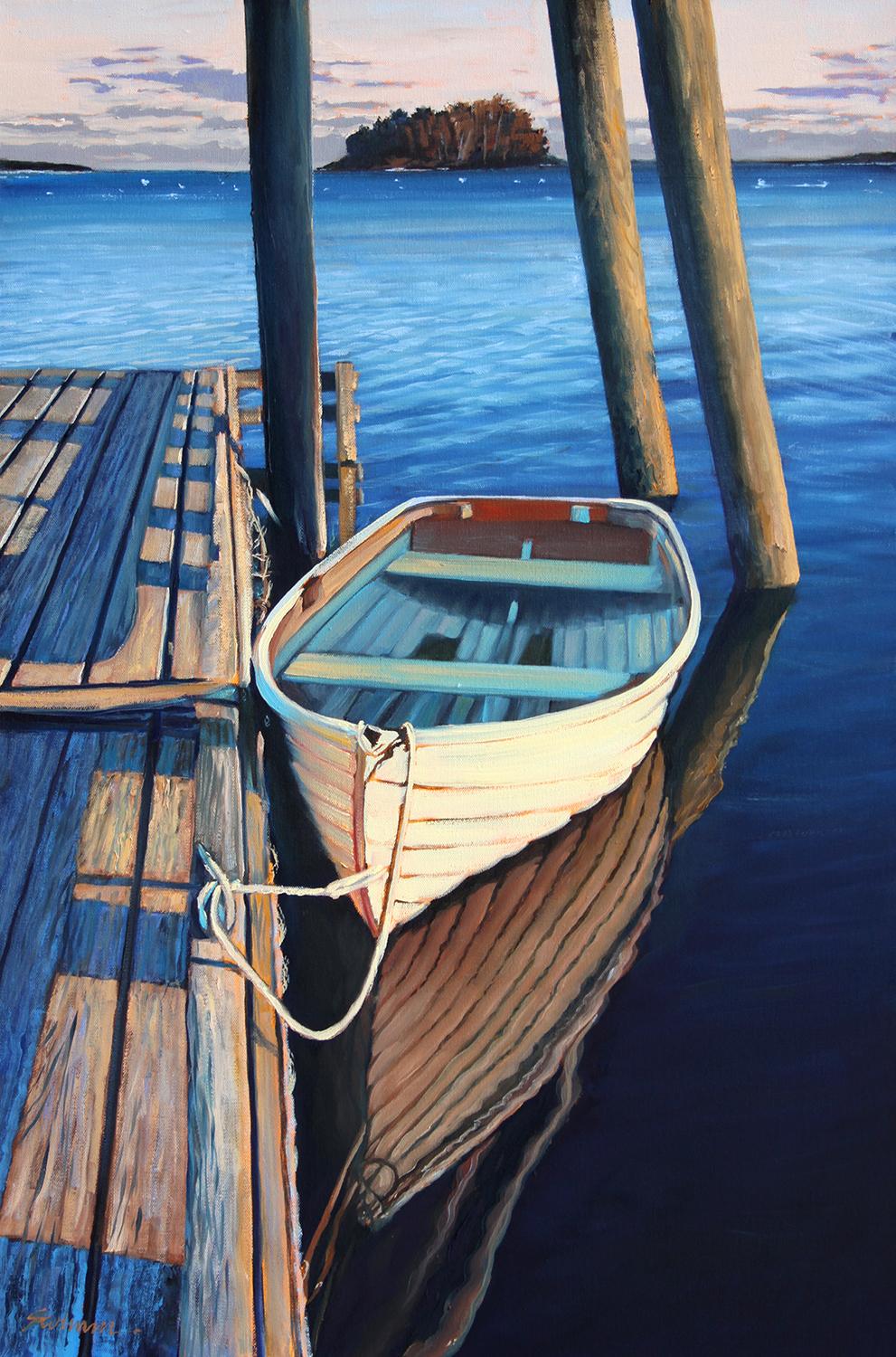 Tom Swimm - "Reflections In Blue" Wooden Boat Tied Up With Glowing ...