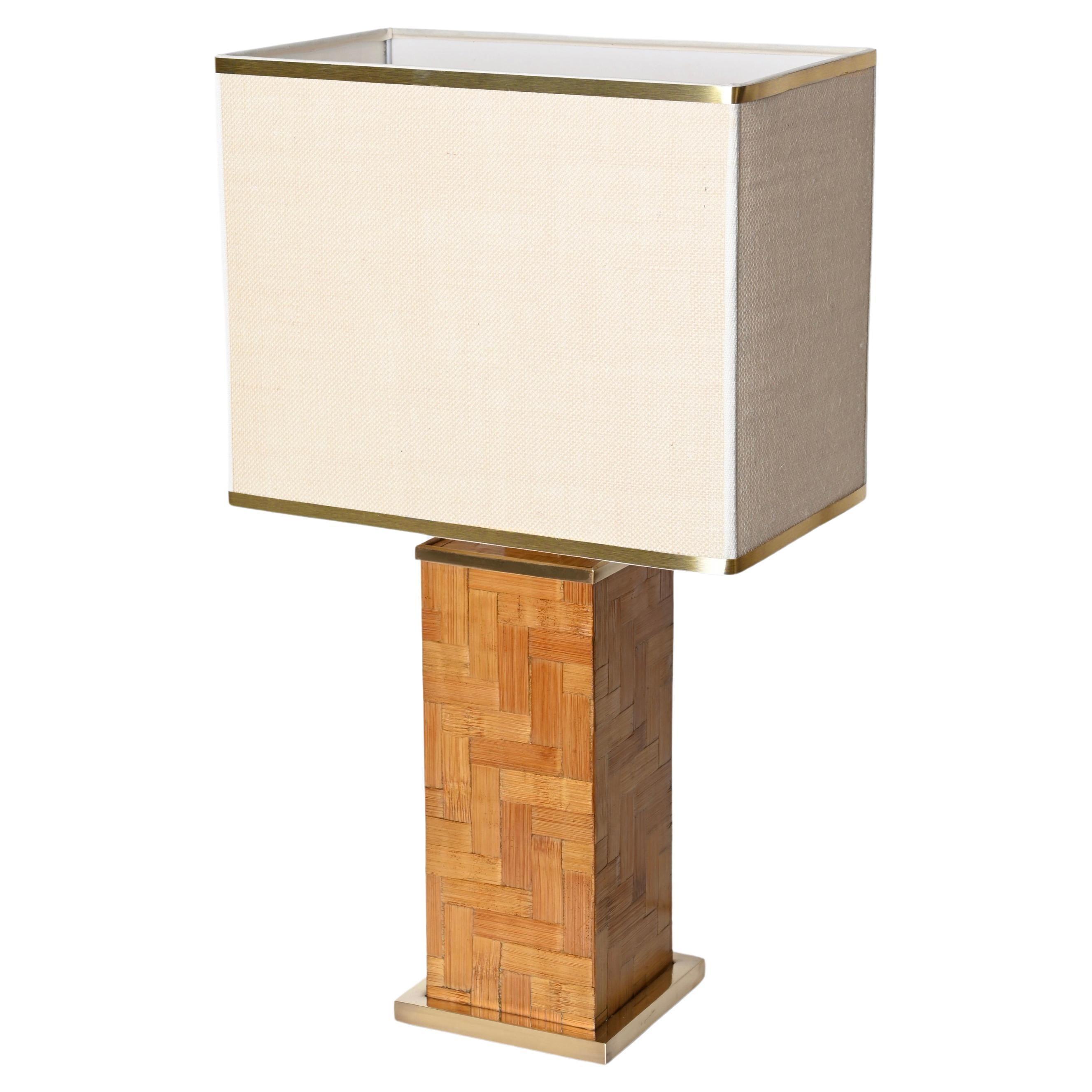 Tommaso Barbi Midcentury Italian Brass and Rattan Square Table Lamp ...