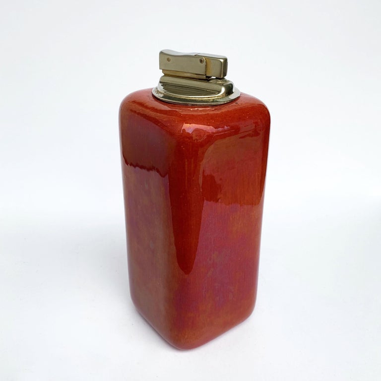 Tommaso Barbi Midcentury Red Ceramic and Brass Italian Table Lighter ...