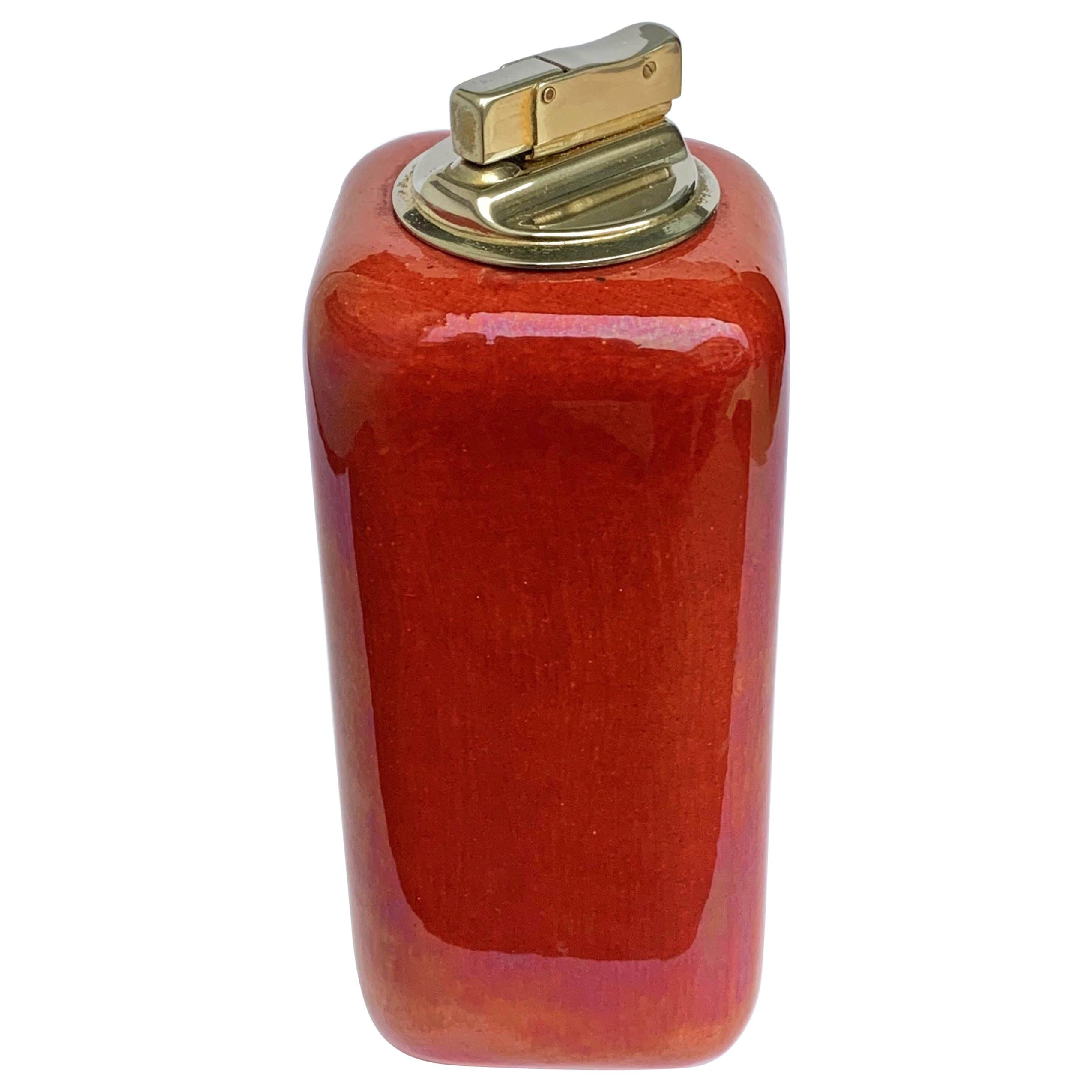 Tommaso Barbi Midcentury Red Ceramic and Brass Italian Table Lighter ...