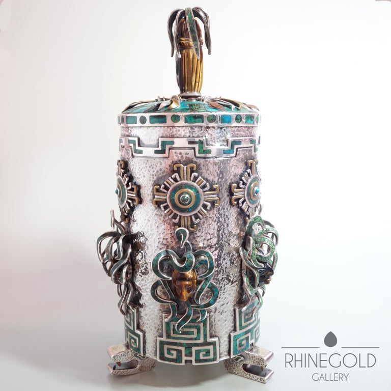 Tono Mexican Aztec Maya Motif Precious Stone Silver Tea Caddy Box For ...