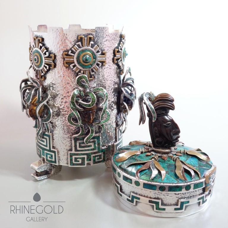 Tono Mexican Aztec Maya Motif Precious Stone Silver Tea Caddy Box For ...