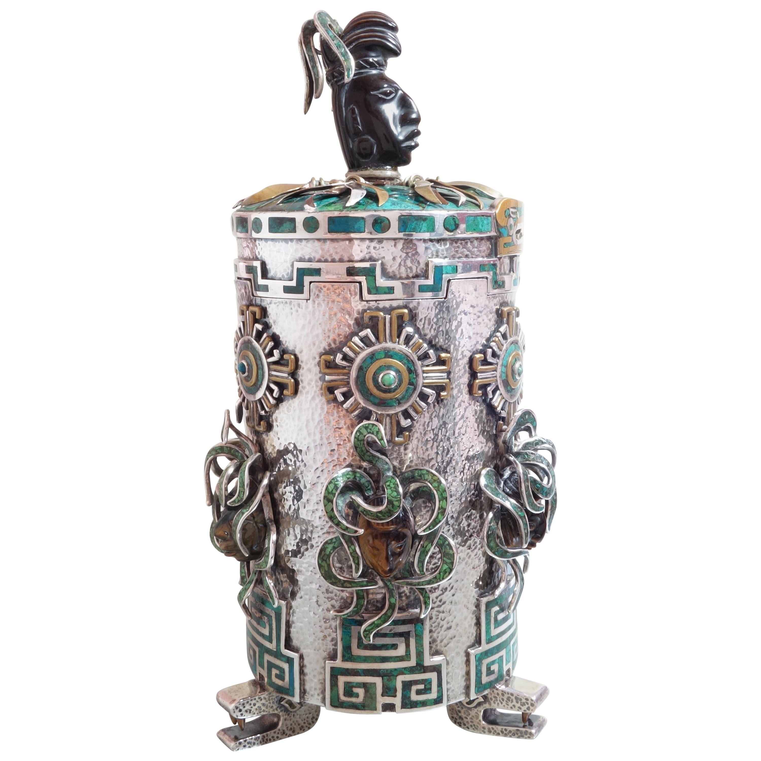 Tono Mexican Aztec Maya Motif Precious Stone Silver Tea Caddy Box For ...