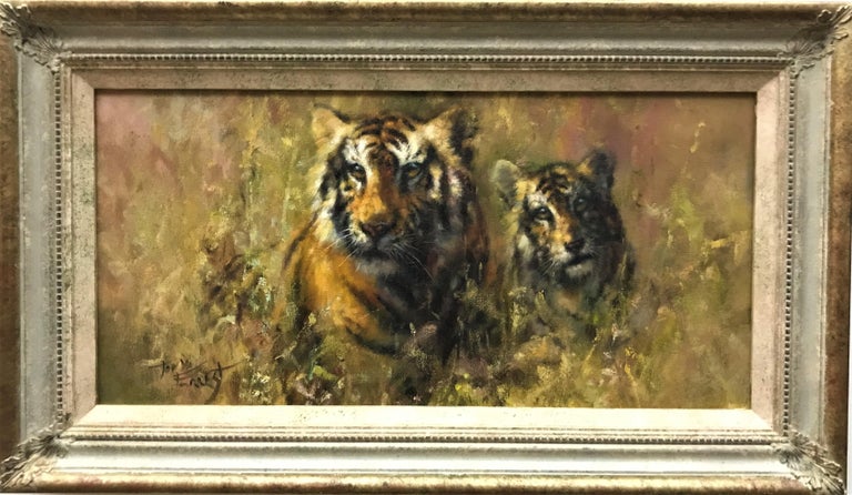 Tony Forrest - Tiger and Cub in grasses, oil on canvas, 20th C realist ...